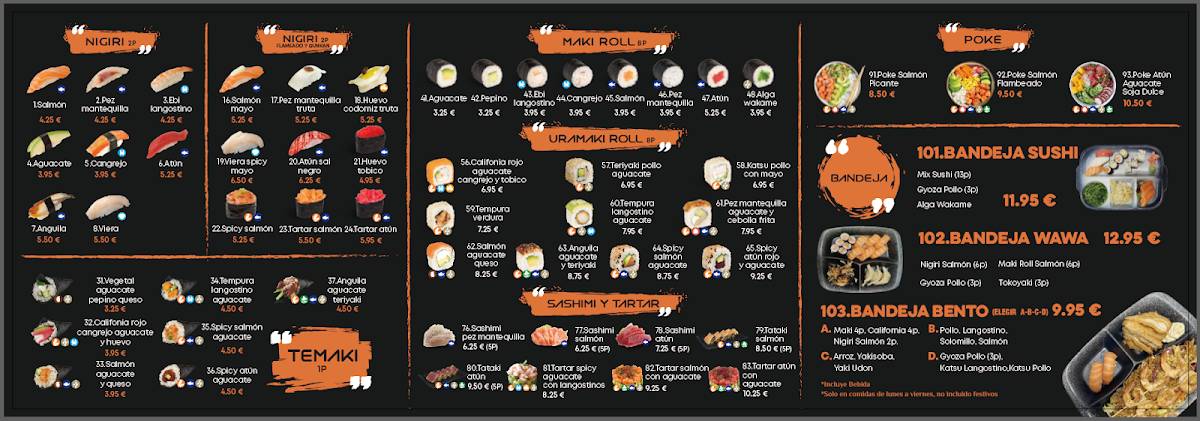 Menu at Sushi WaWa restaurant, Madrid