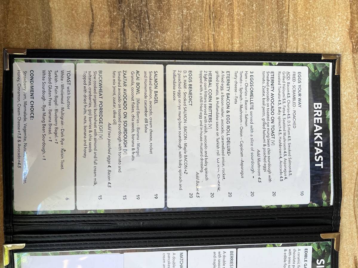 Menu at Eternity Cafe Town Hall Station, Sydney