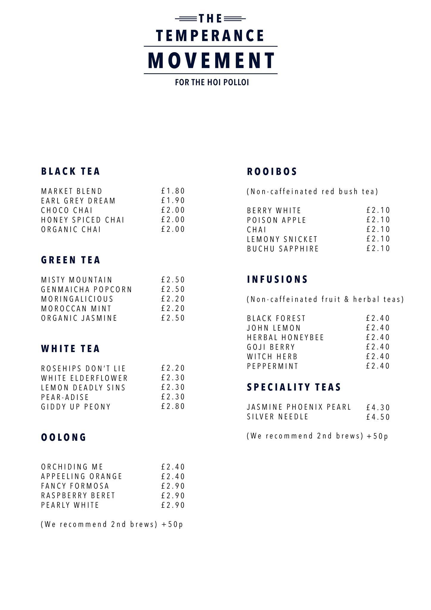 Menu at The Temperance Movement cafe, Halifax