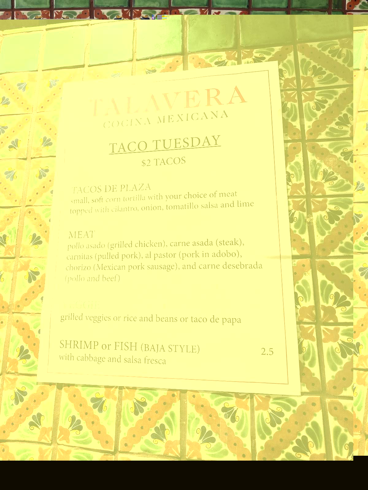 Menu at TALAVERA restaurant, Berkeley