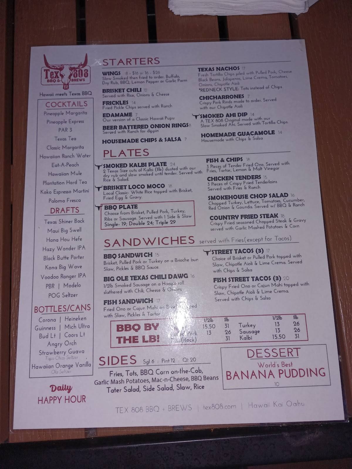 Menu at TEX 808 BBQ + Brews Hawaii Kai, Honolulu, 377 Keahole St Ste C1-A