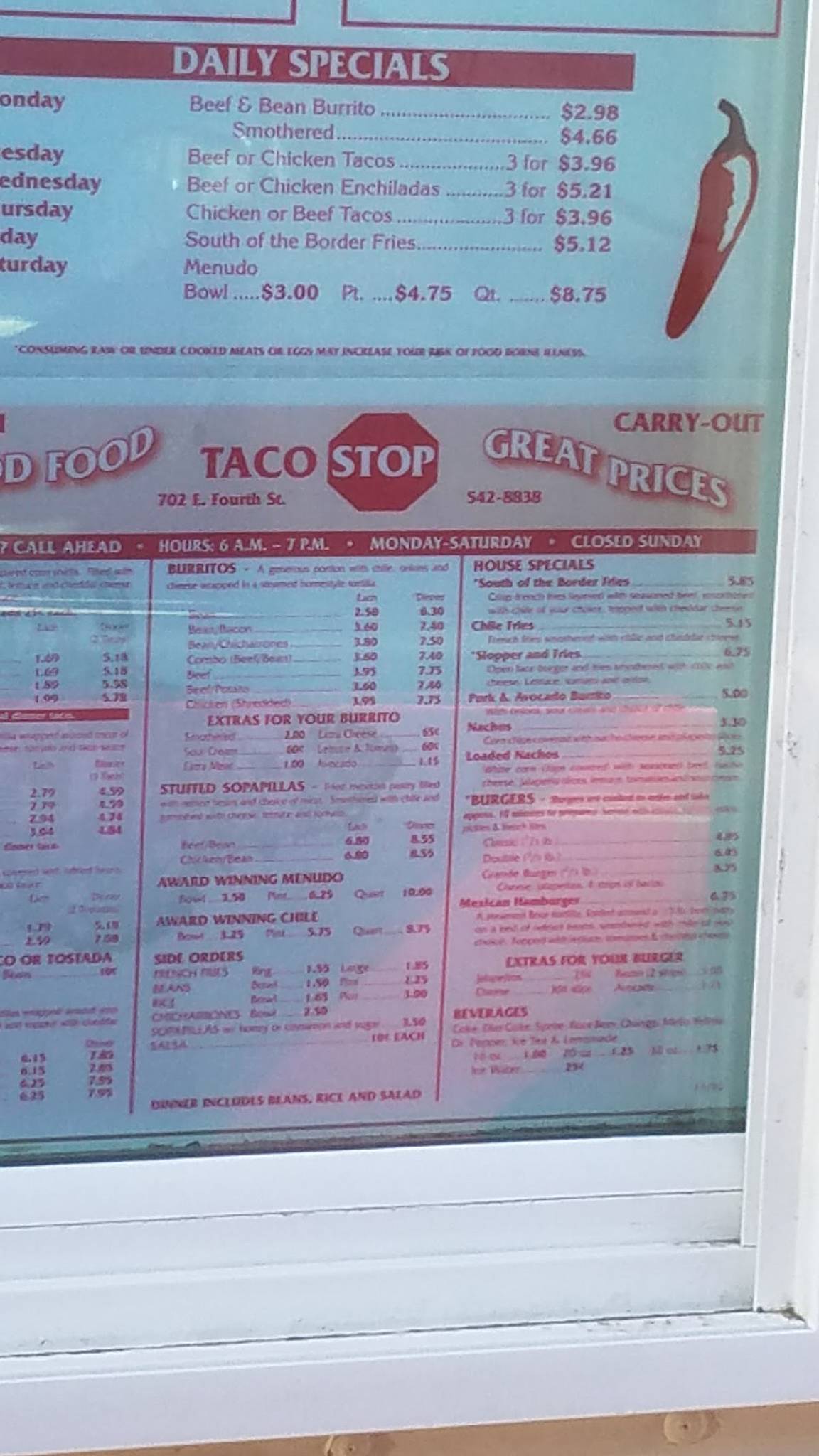 Menu at Taco Stop restaurant, Pueblo, 702 E 4th St