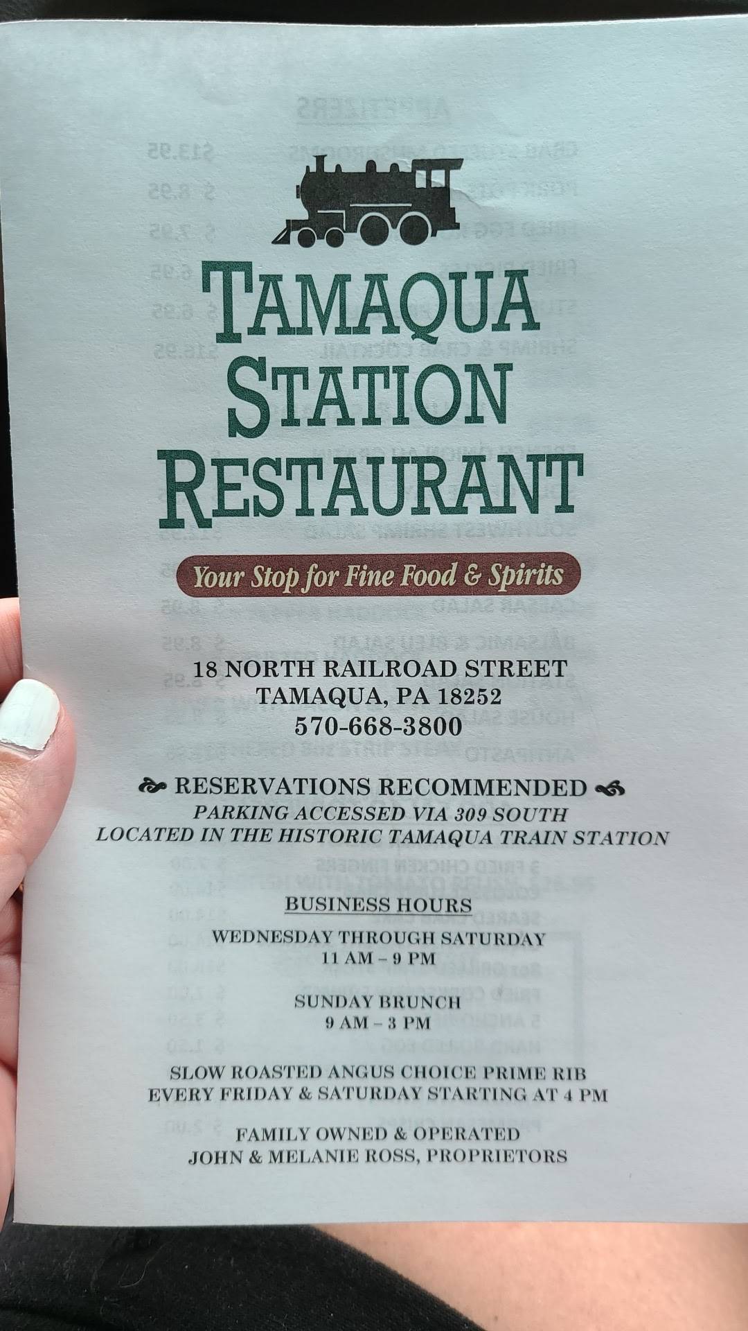 Menu at Tamaqua Station Restaurant, Tamaqua