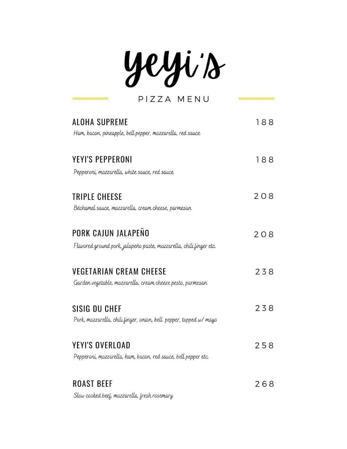 Menu at Yeyi's Pizzeria & Café, Tanay