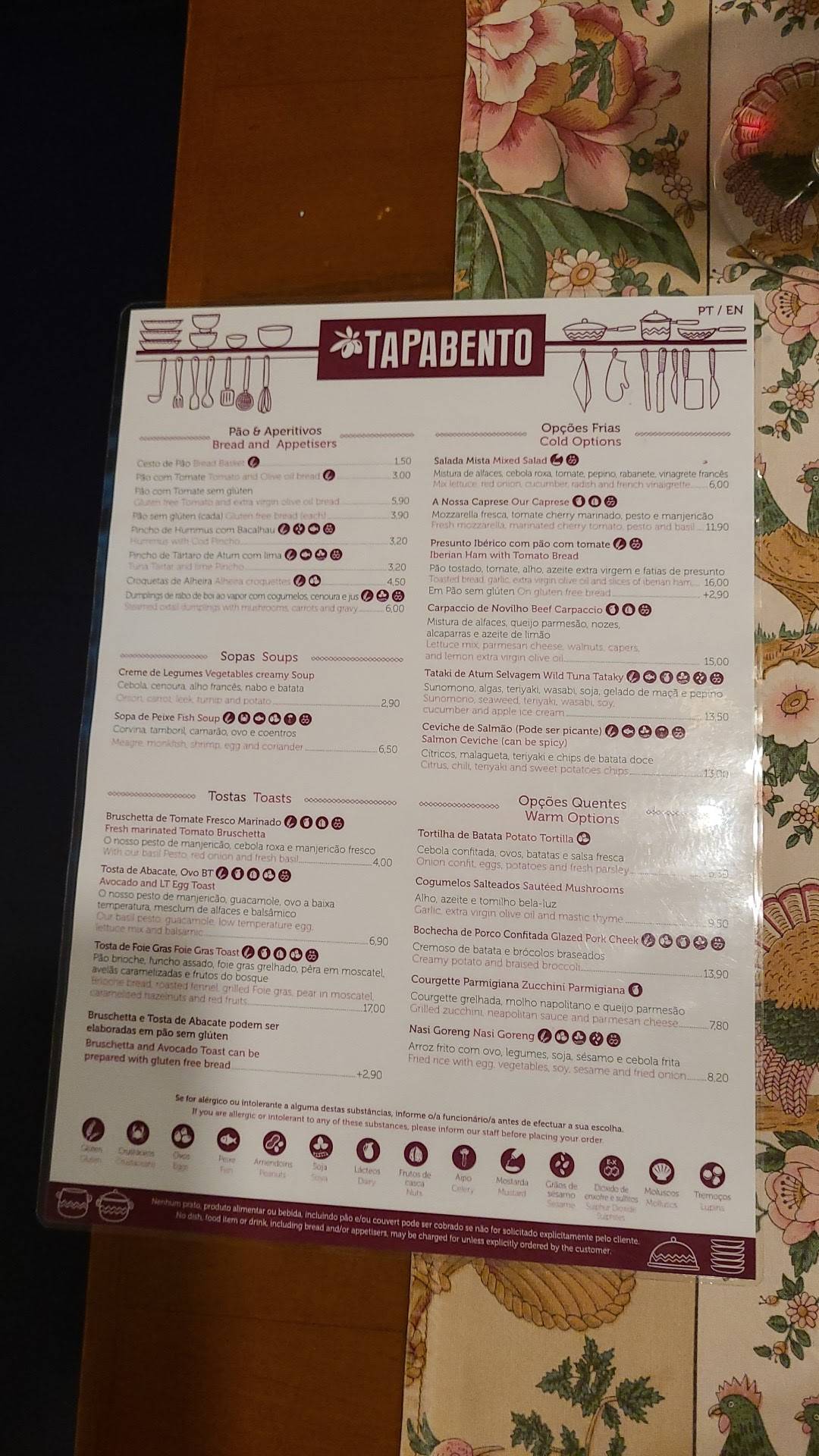 Menu at Tapabento S.Bento restaurant, Porto