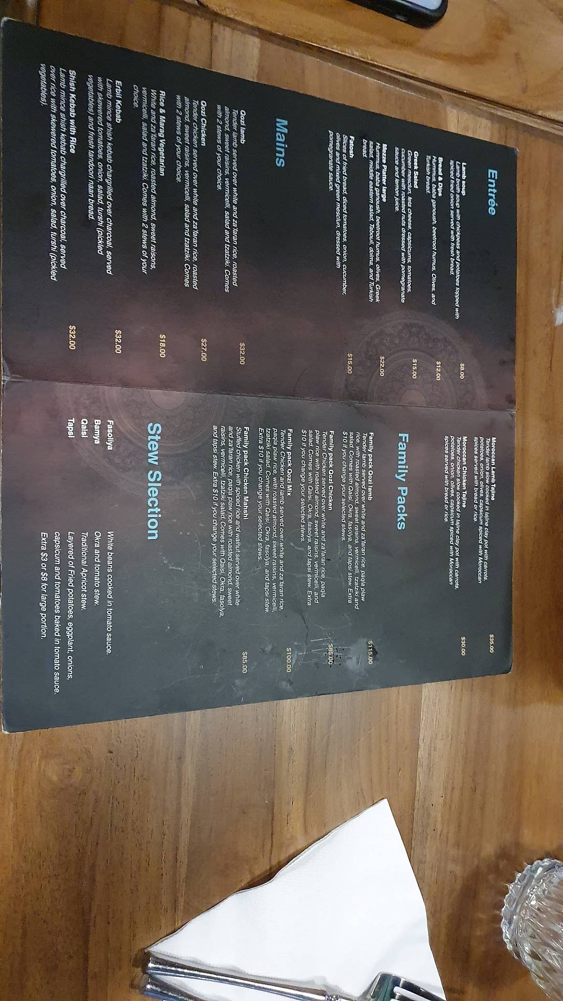 Menu at Tapsi restaurant, Auckland