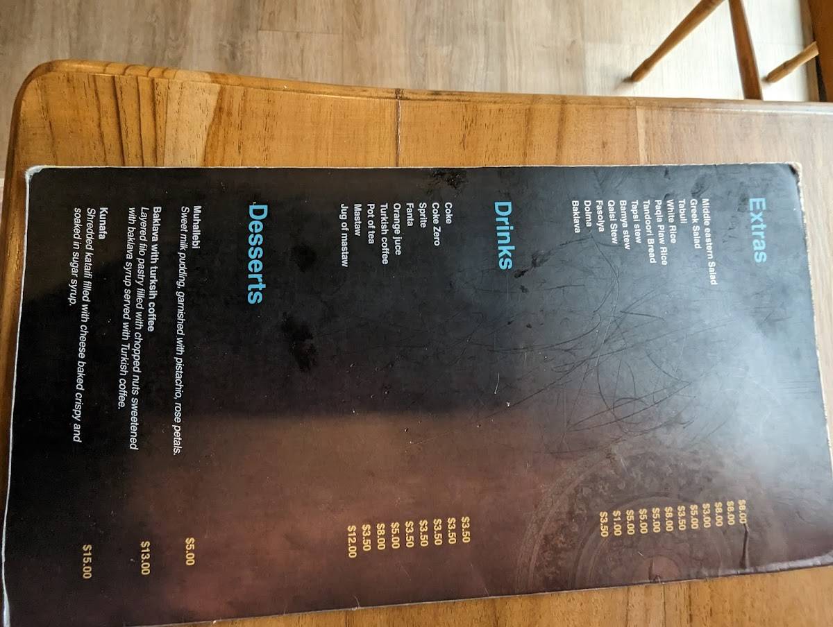 Menu at Tapsi restaurant, Auckland
