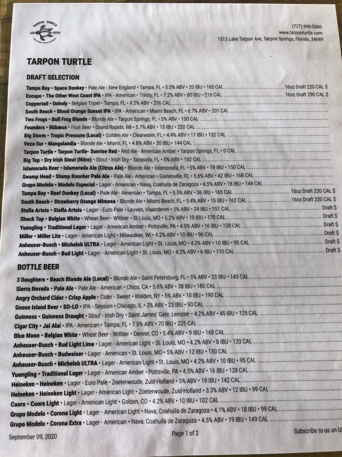 Menu at Tarpon Turtle Waterfront Grill restaurant, Tarpon Springs