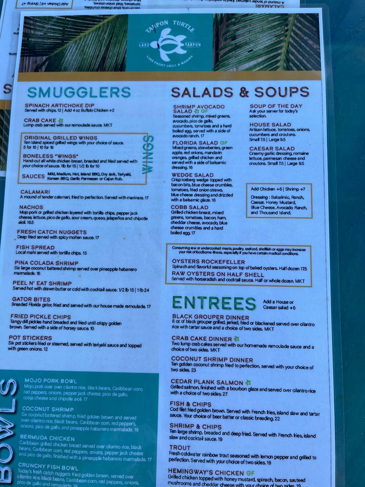 Menu at Tarpon Turtle Waterfront Grill restaurant, Tarpon Springs