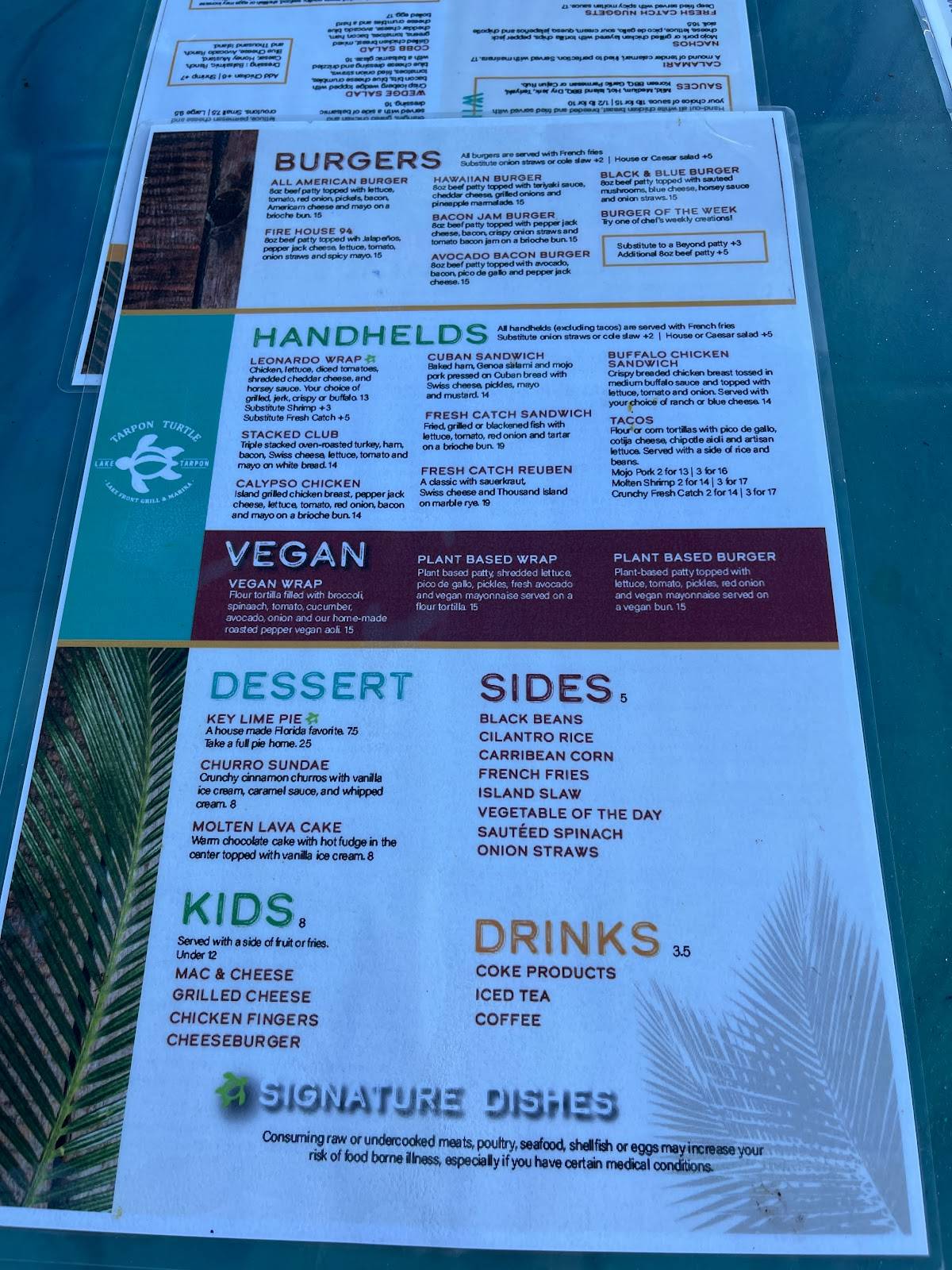Menu at Tarpon Turtle Waterfront Grill restaurant, Tarpon Springs