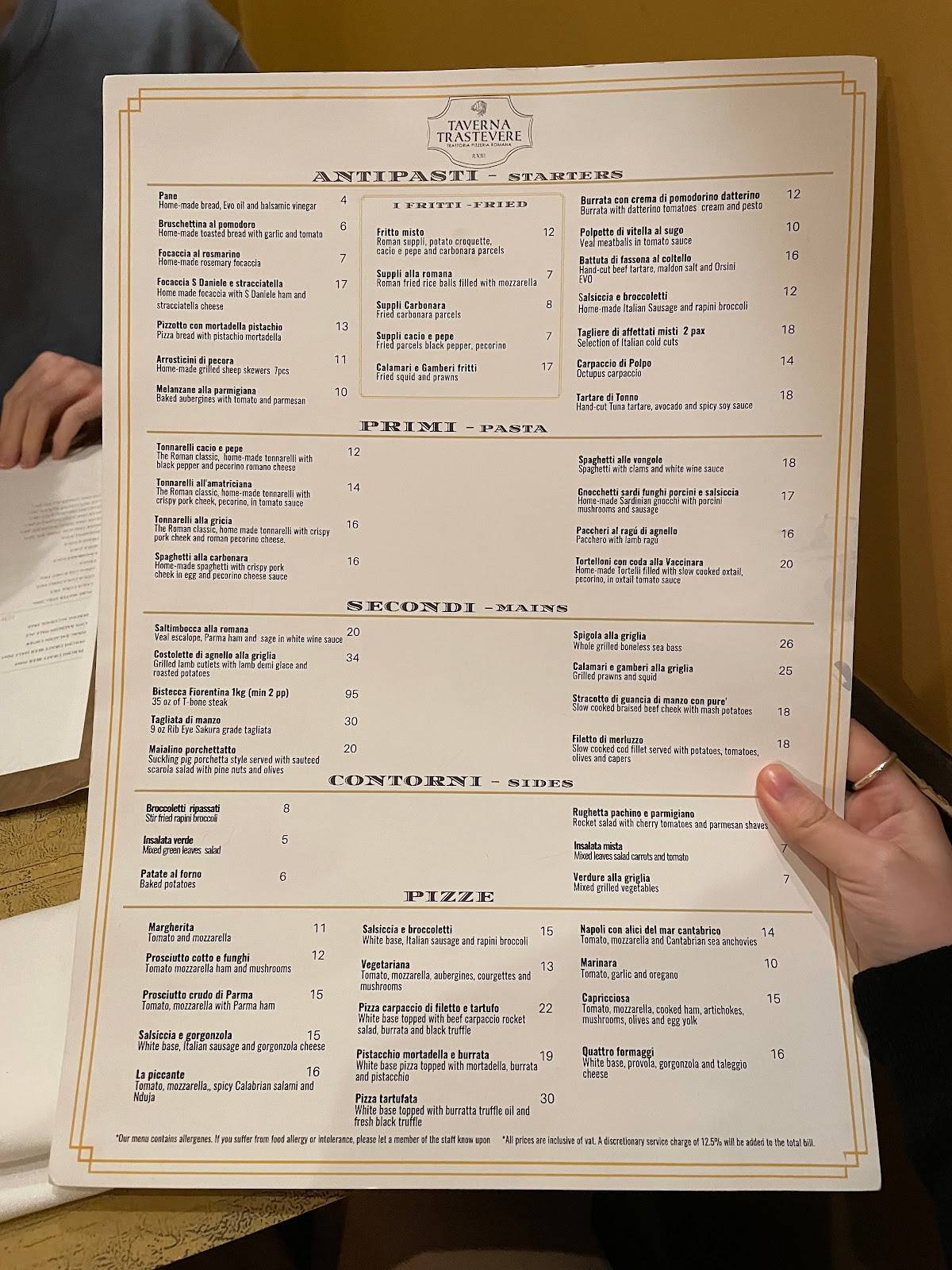 Menu at Taverna Trastevere restaurant, London
