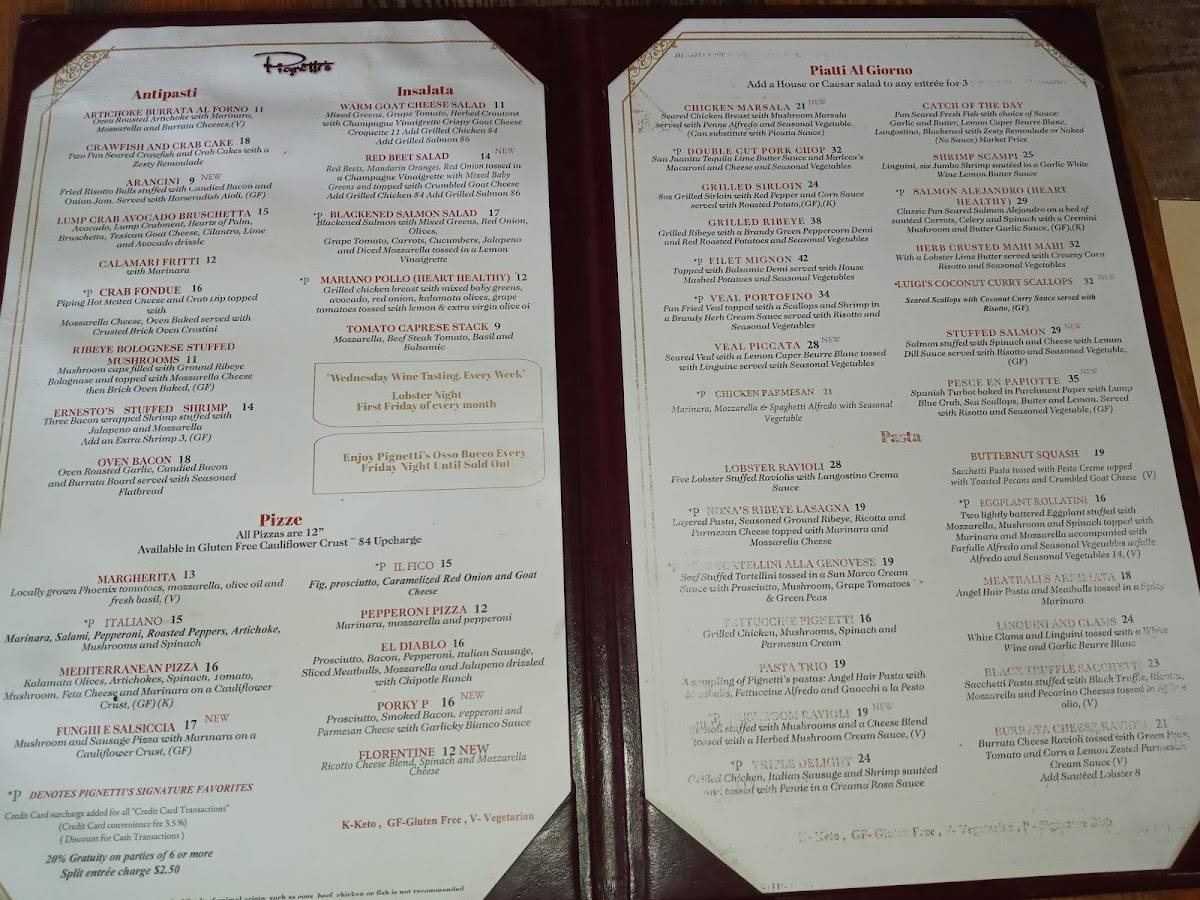 Menu at Pignetti's restaurant, Temple
