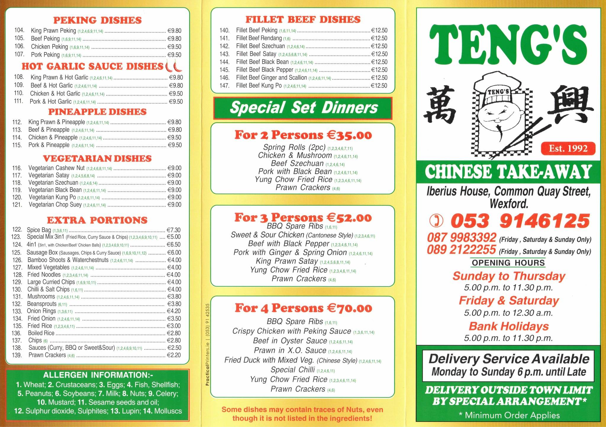 Menu at Tengs Chinese Takeaway restaurant, Wexford
