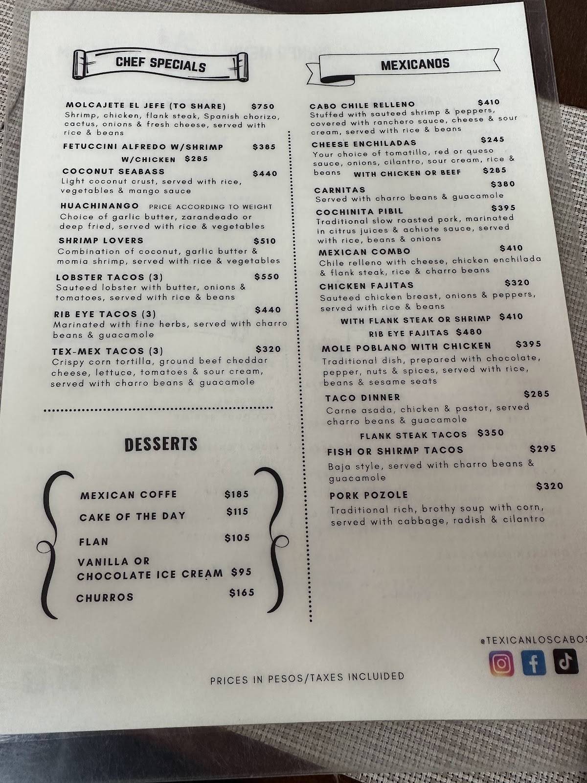 Menu at Texican Restaurant, Cabo San Lucas