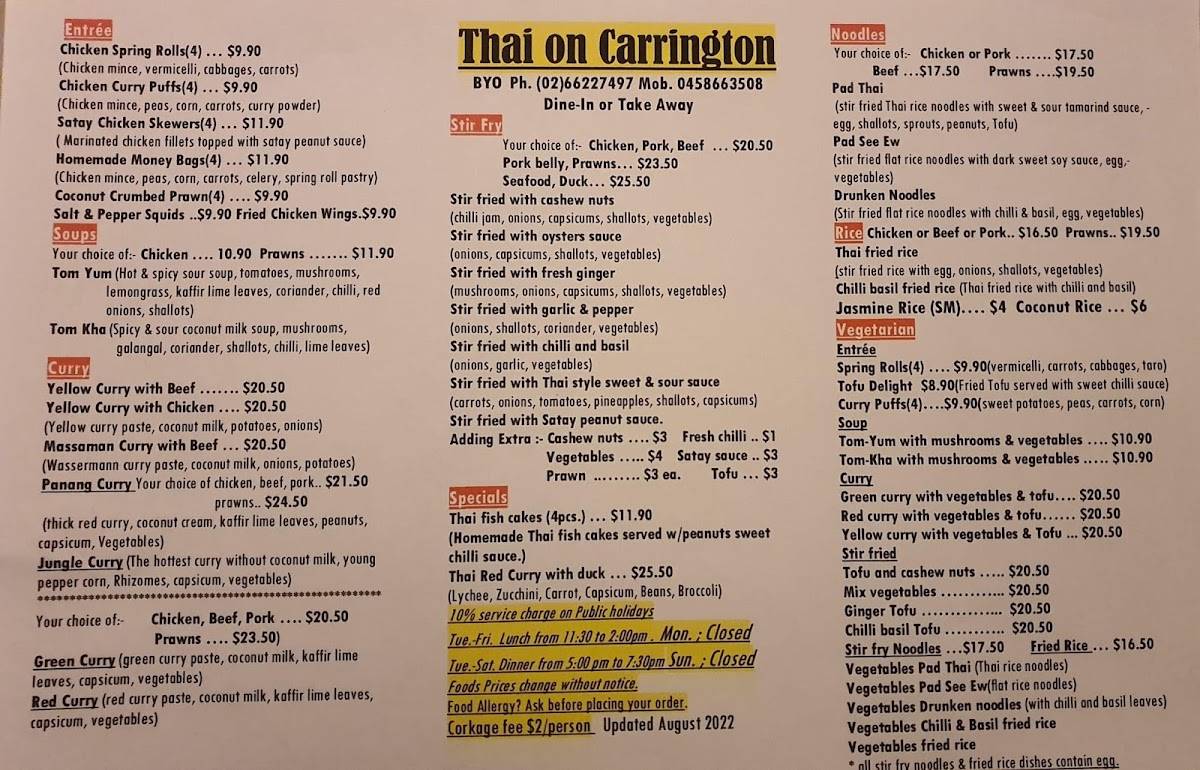 Menu at Thai On Carrington restaurant, Lismore