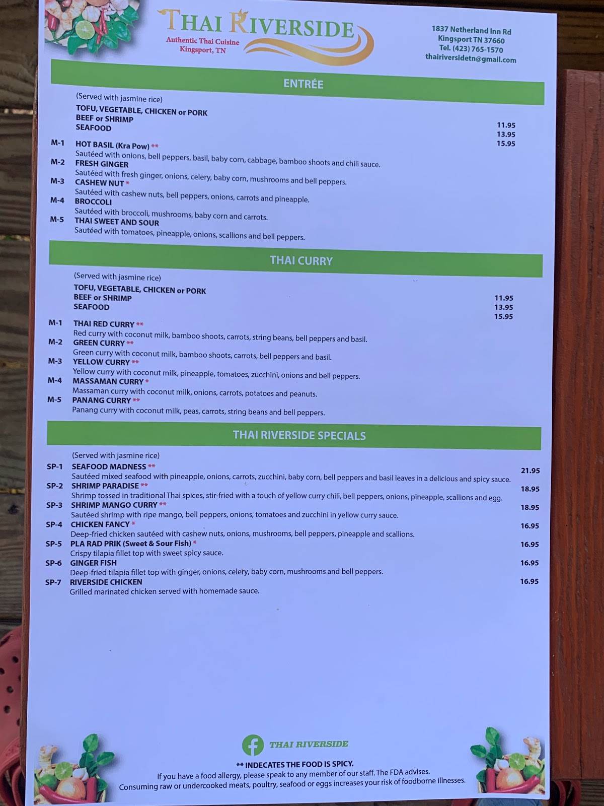Menu at Thai Riverside restaurant, Kingsport