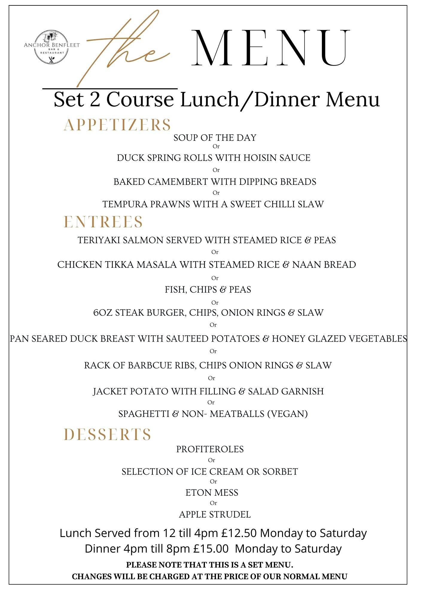 Menu at Anchor Inn pub & bar, South Benfleet