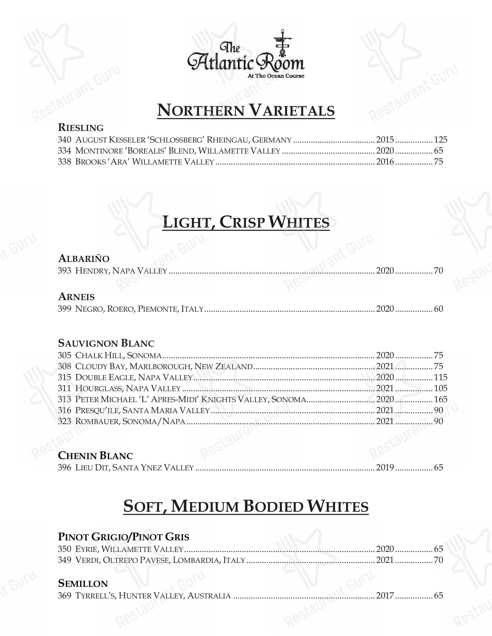 Menu at The Atlantic Room restaurant, Kiawah Island, Ocean Course Dr