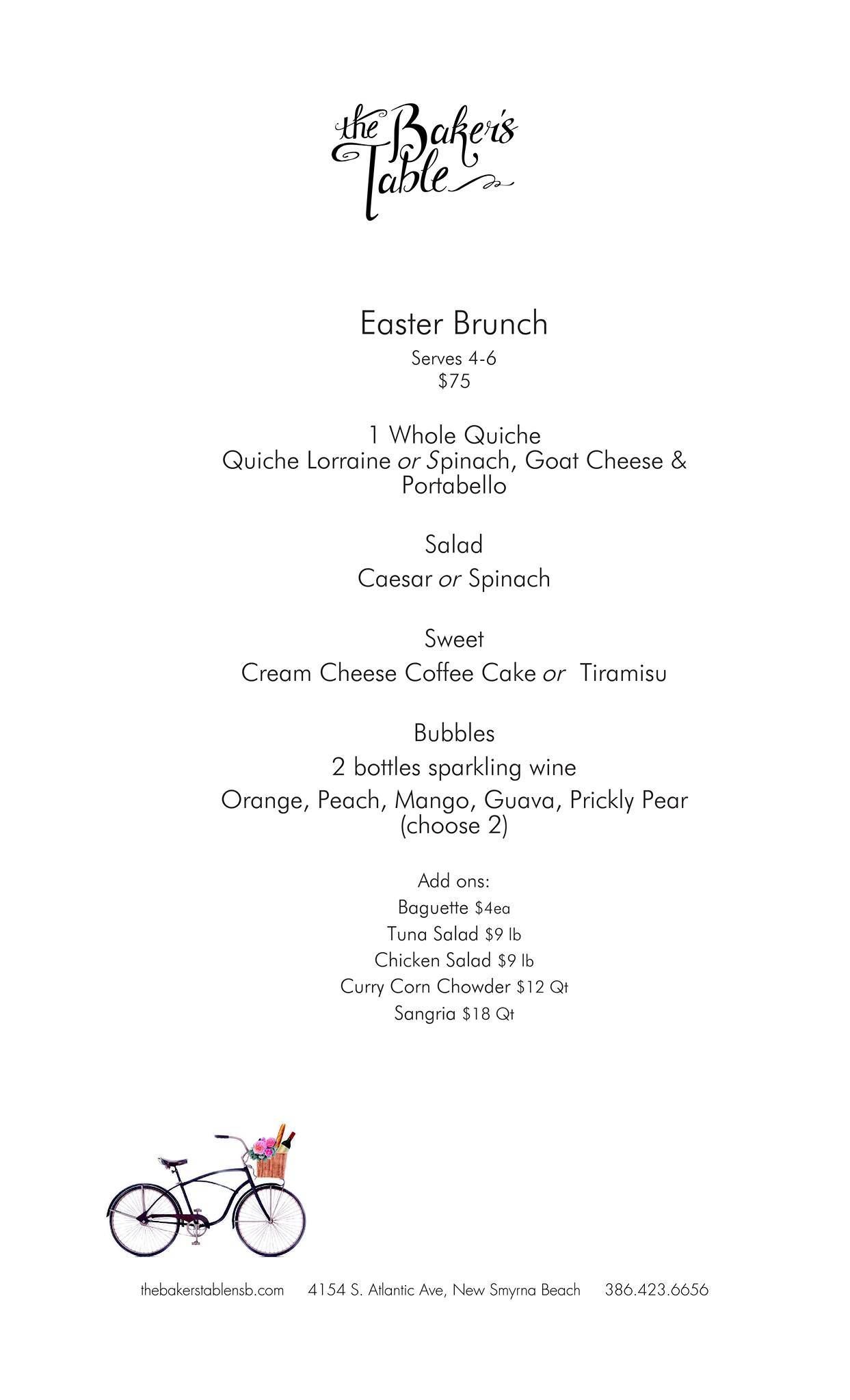 Menu at The Baker's Table restaurant, New Smyrna Beach