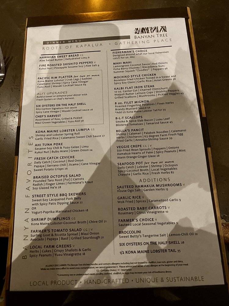 Menu at The Banyan Tree restaurant, Kapalua