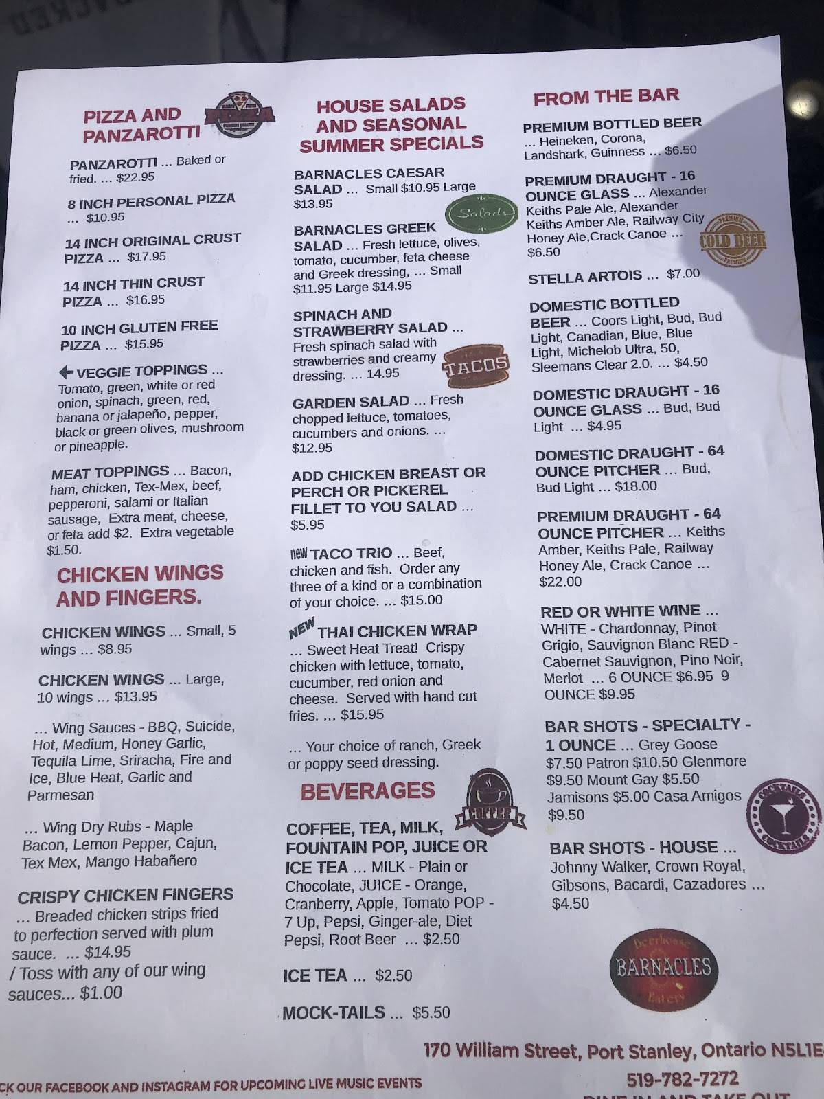 Menu at The Barnacles Beerhouse, Port Stanley