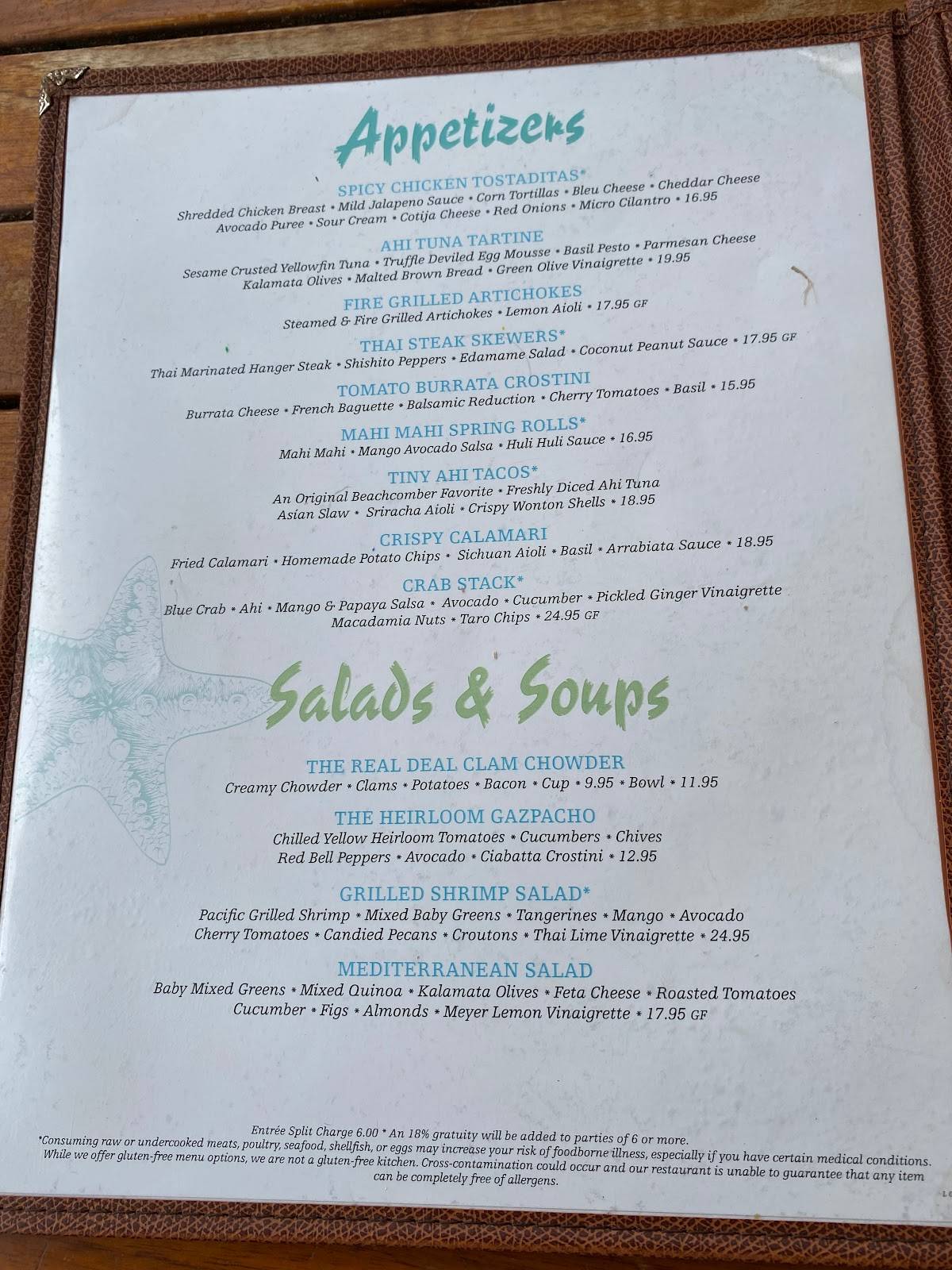 Menu at The Beachcomber at Crystal Cove pub & bar, Newport Beach
