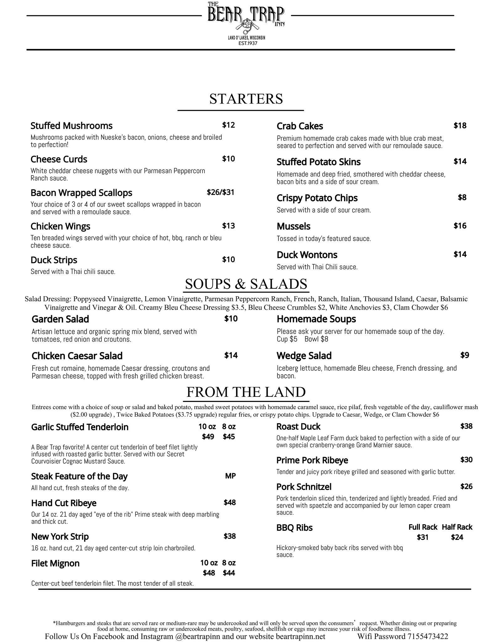 Menu at The Bear Trap Inn restaurant, Land O' Lakes, Co Hwy B