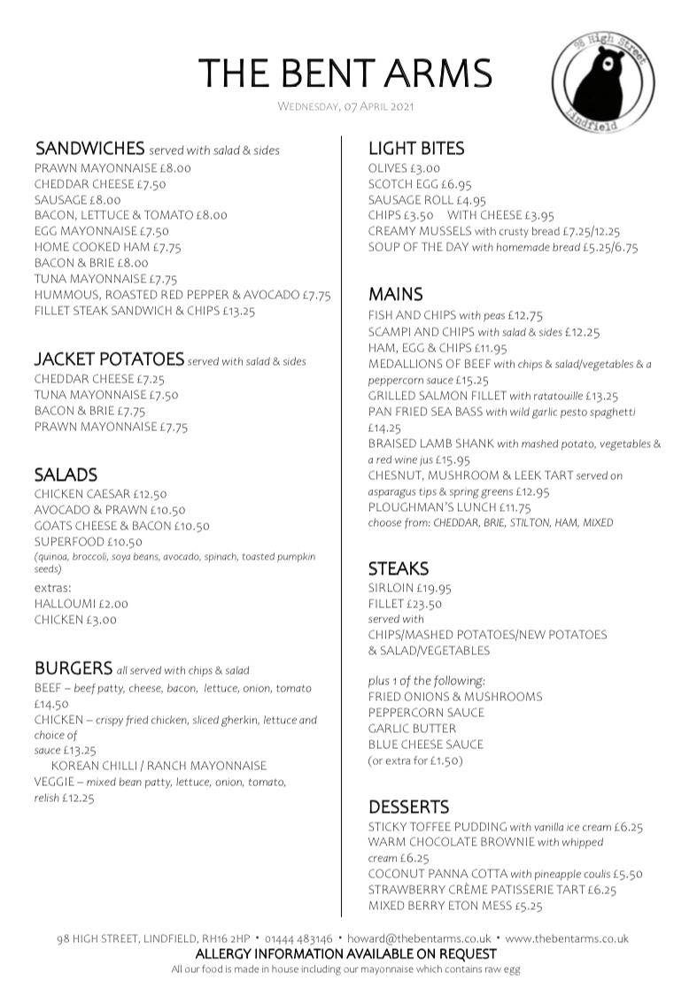 Menu at The Bent Arms pub & bar, Lindfield