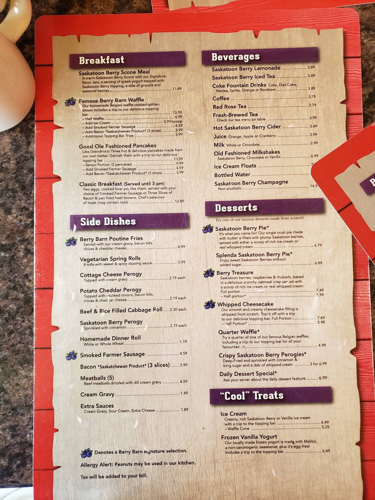 Menu at The Berry Barn, Saskatoon, 830 Valley Rd