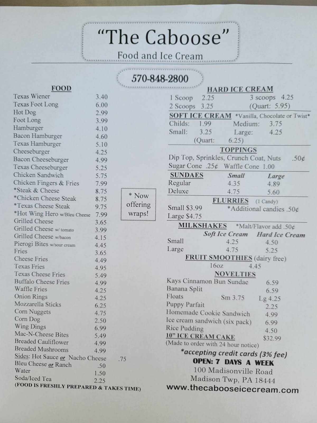 Menu at The Caboose Food & Ice Cream restaurant, Moscow