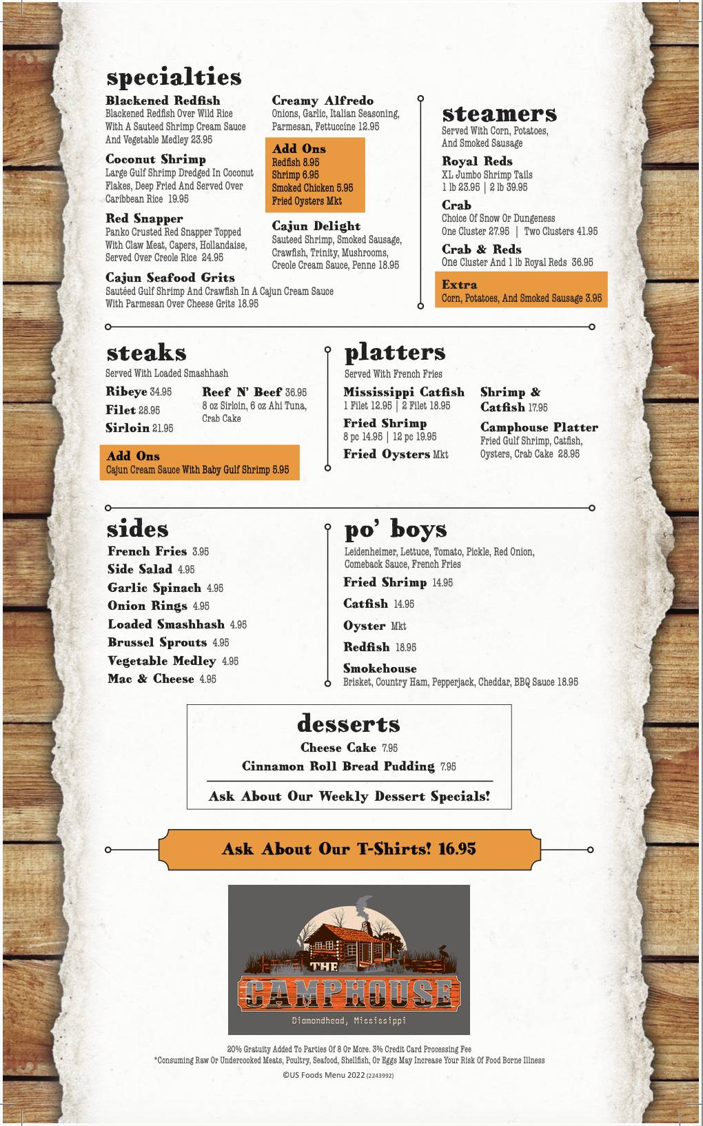 Menu at The Camphouse restaurant, Diamondhead