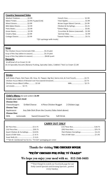 Menu at The Chicken House restaurant, Sellersburg, IN-111