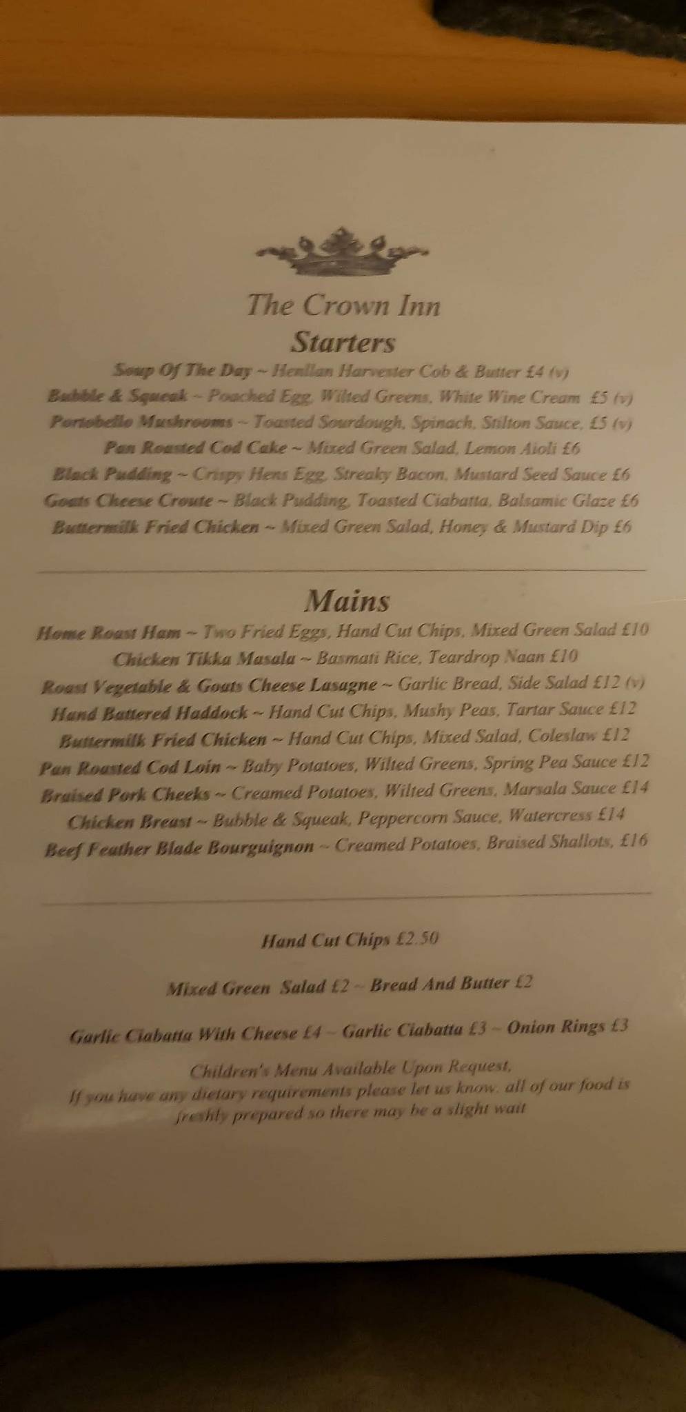 Menu at The Crown Inn pub & bar, Trelawnyd