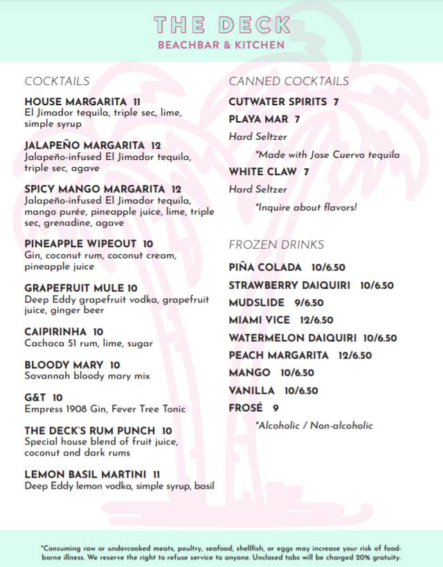 Menu at The Deck Beach Bar and Kitchen, Tybee Island