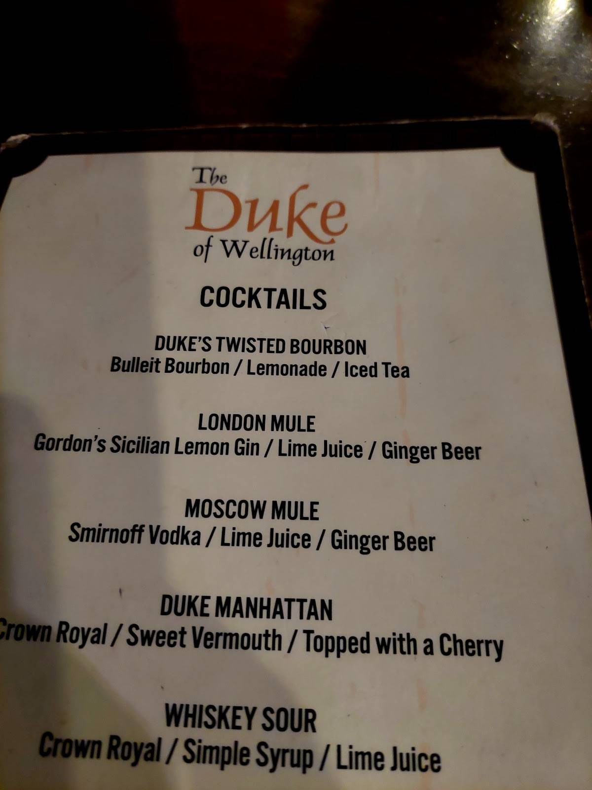 Menu at The Duke of Wellington pub & bar, Waterloo