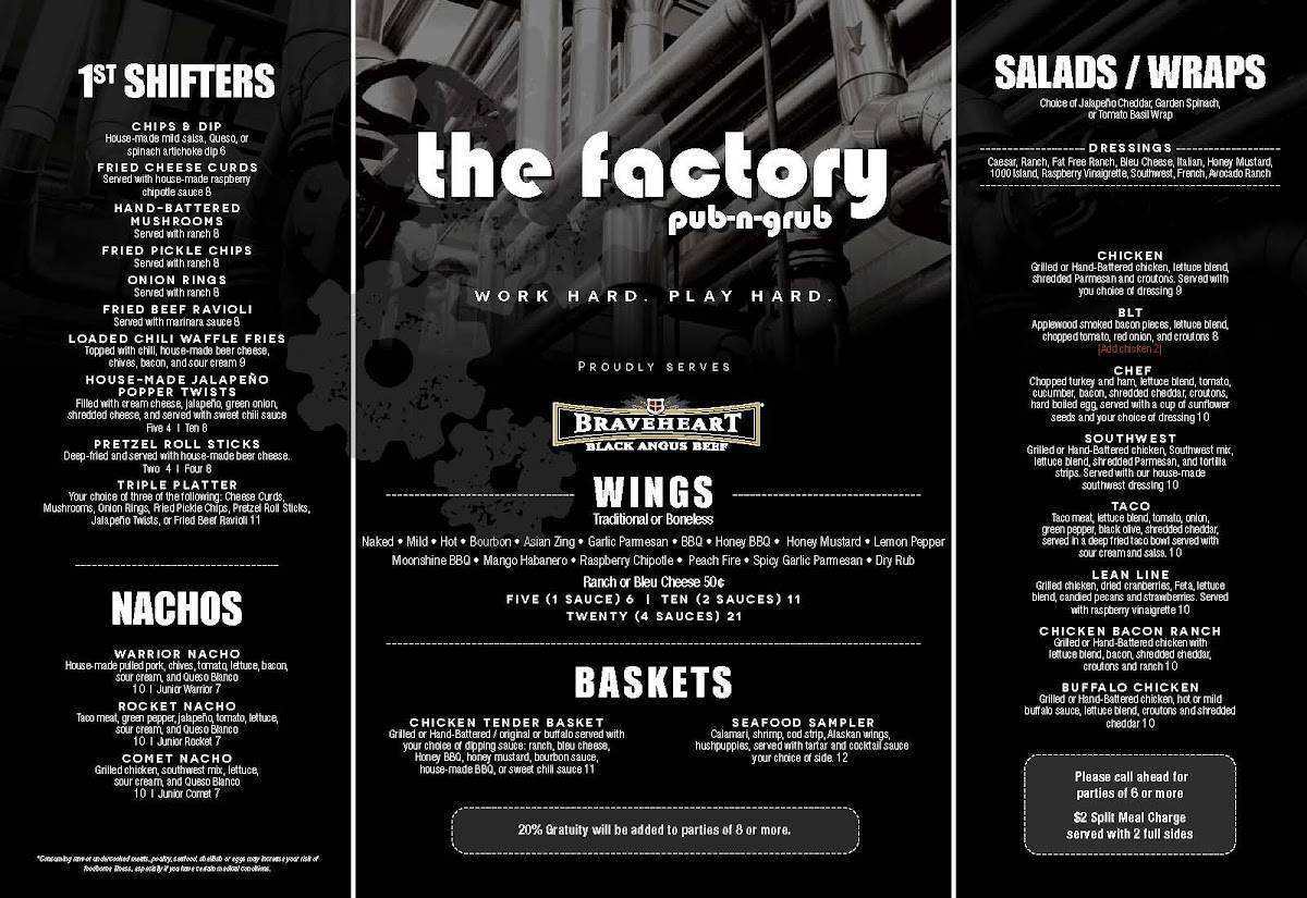 Menu at The Factory Pub 'n' Grub, Sterling
