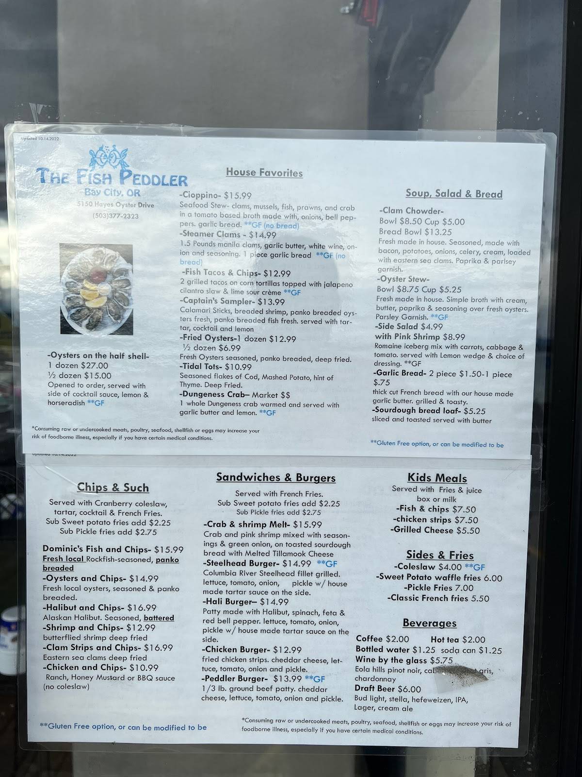 Menu at The Fish Peddler at Pacific Oyster restaurant, Bay City, Hayes ...