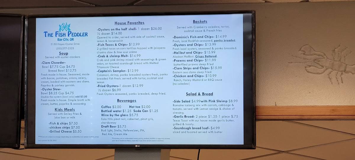 Menu at The Fish Peddler at Pacific Oyster restaurant, Bay City, Hayes ...
