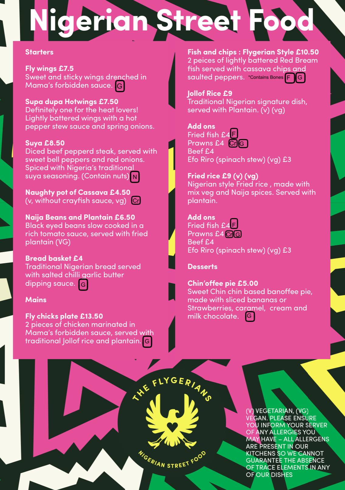 Carta del restaurante The Flygerians - Peckham, Londres, Peckham Palms
