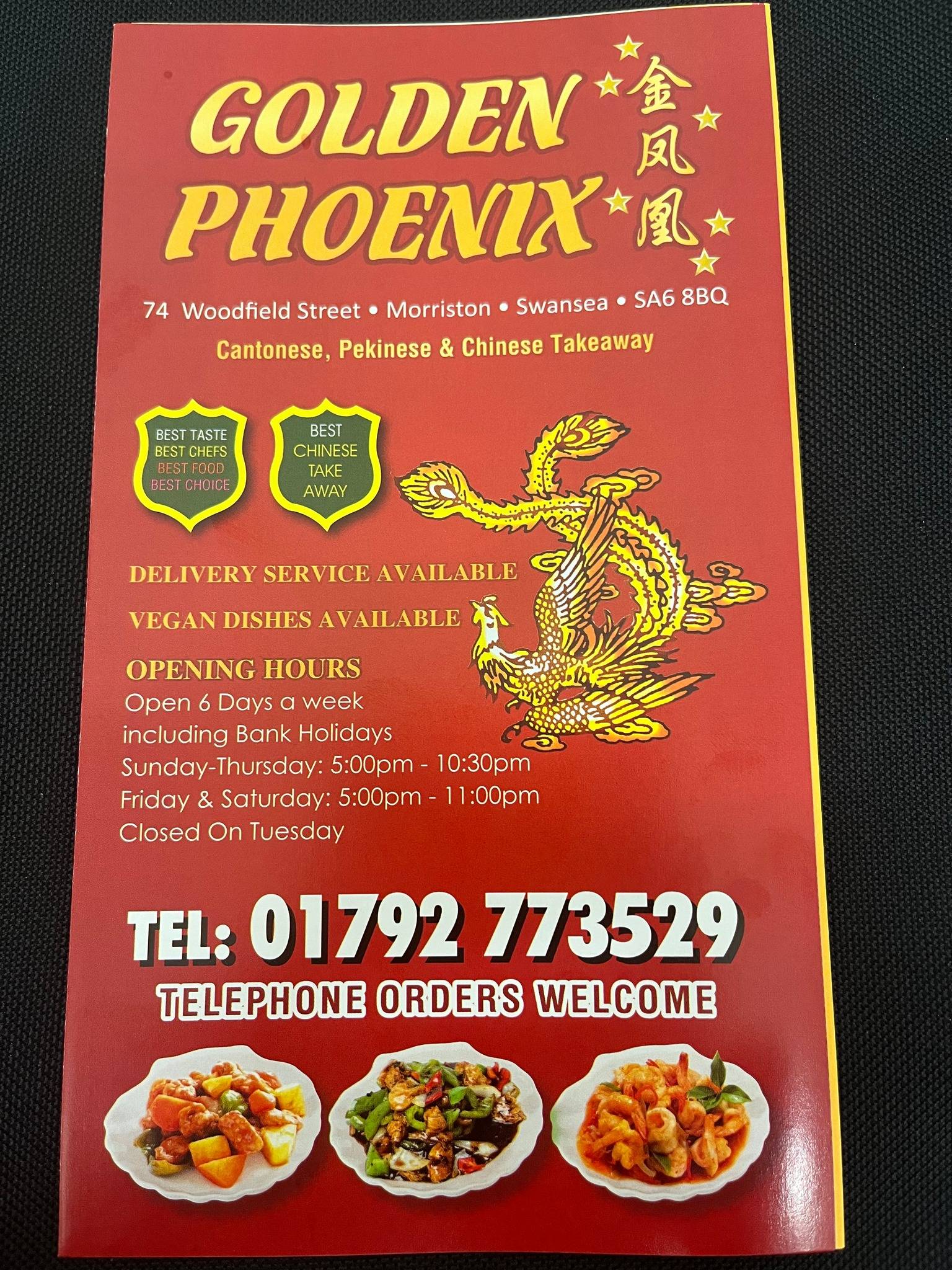 Menu at The Golden Phoenix fast food, Swansea