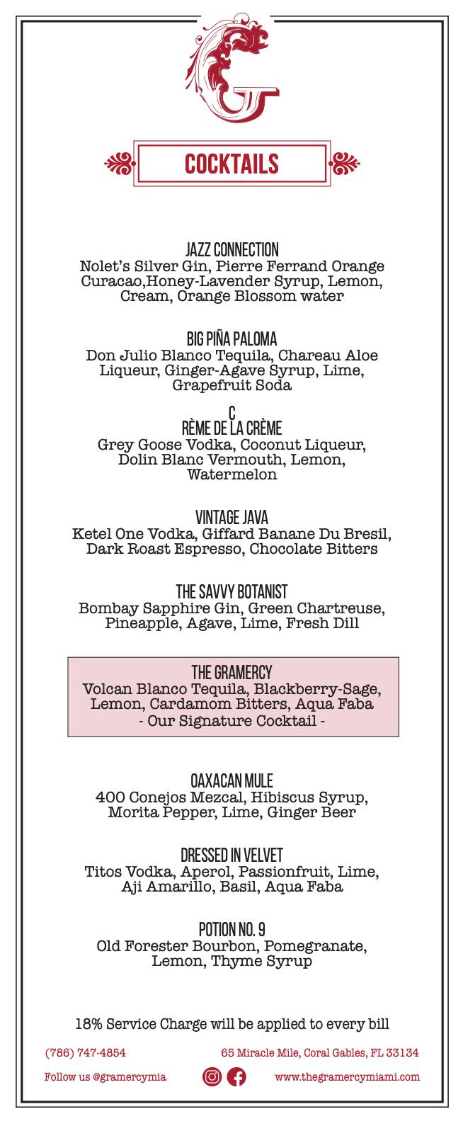 Menu at The Gramercy Miami pub & bar, Coral Gables