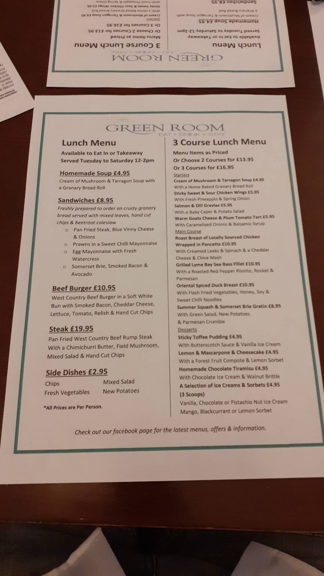 Menu at The Green Room restaurant, Yeovil