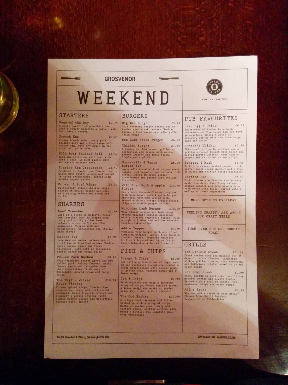 Menu at The Grosvenor pub & bar, Edinburgh