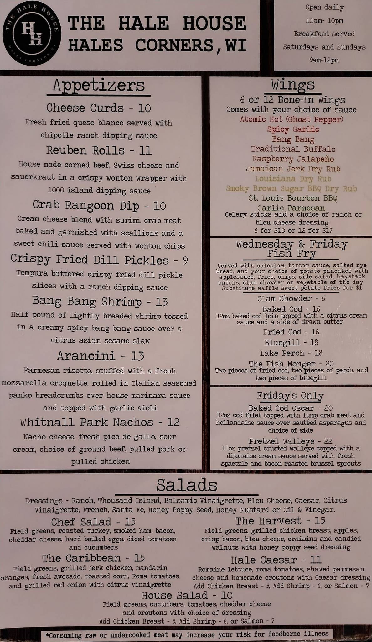 Menu at The Hale House pub & bar, Hales Corners