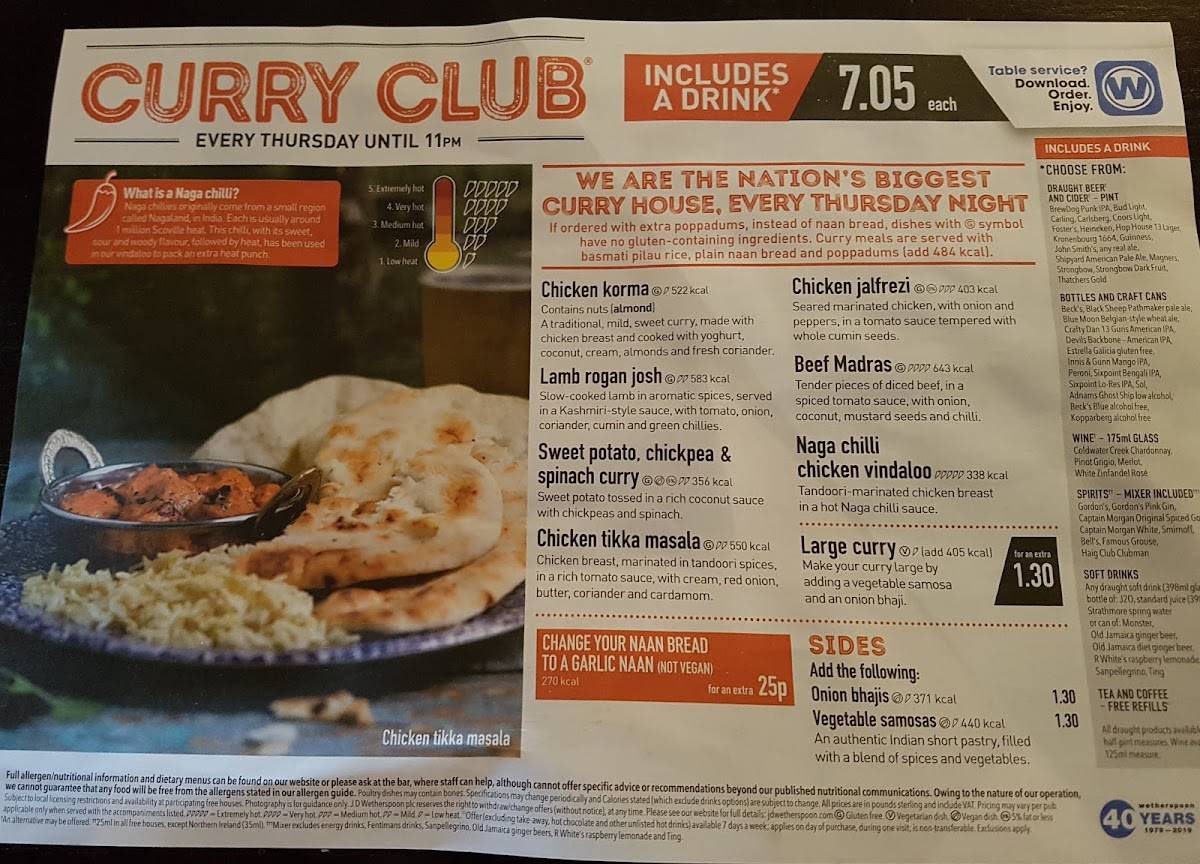 Menu at The Hatters Inn - JD Wetherspoon pub & bar, Bognor Regis