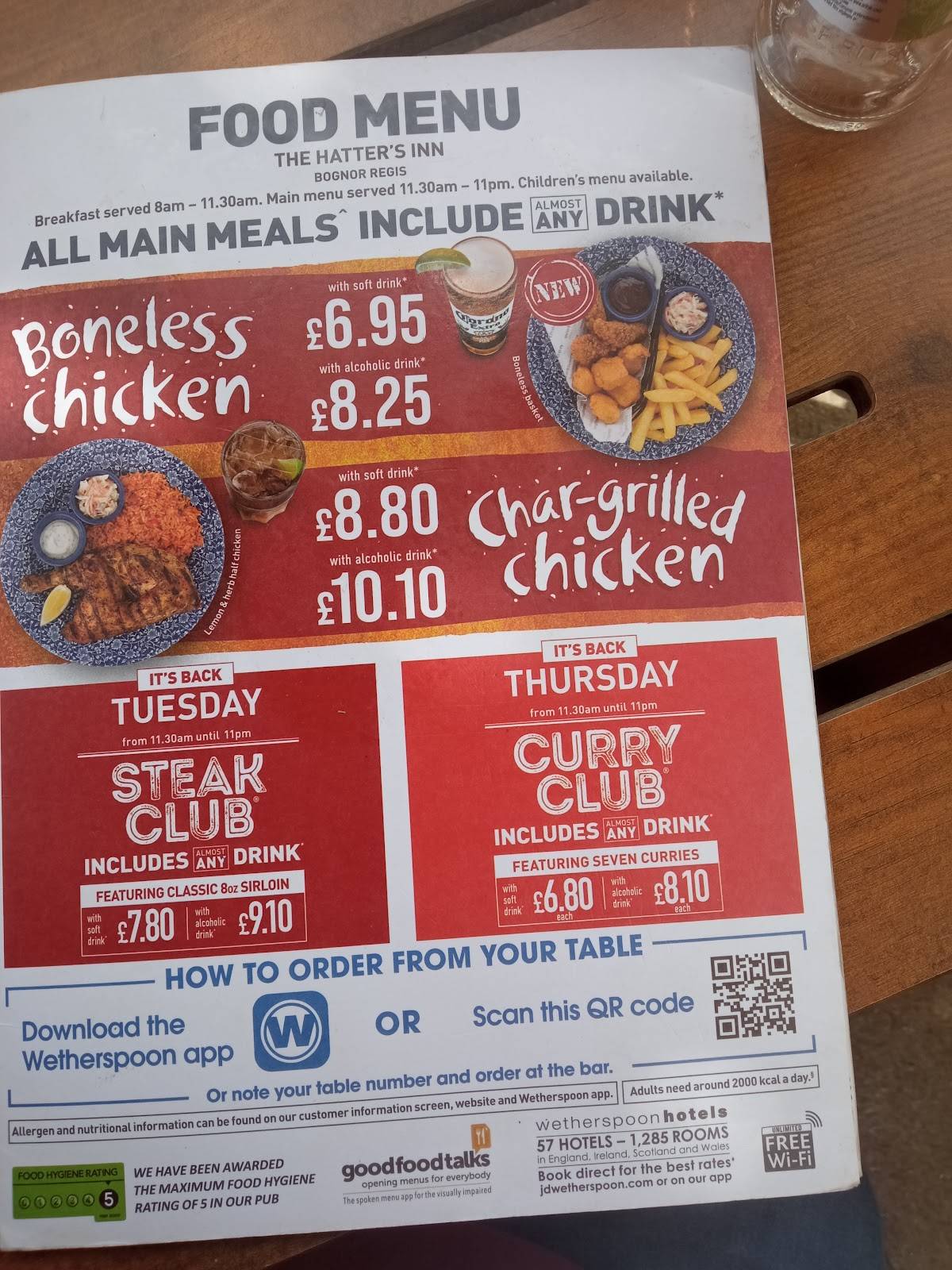 Menu at The Hatters Inn - JD Wetherspoon pub & bar, Bognor Regis
