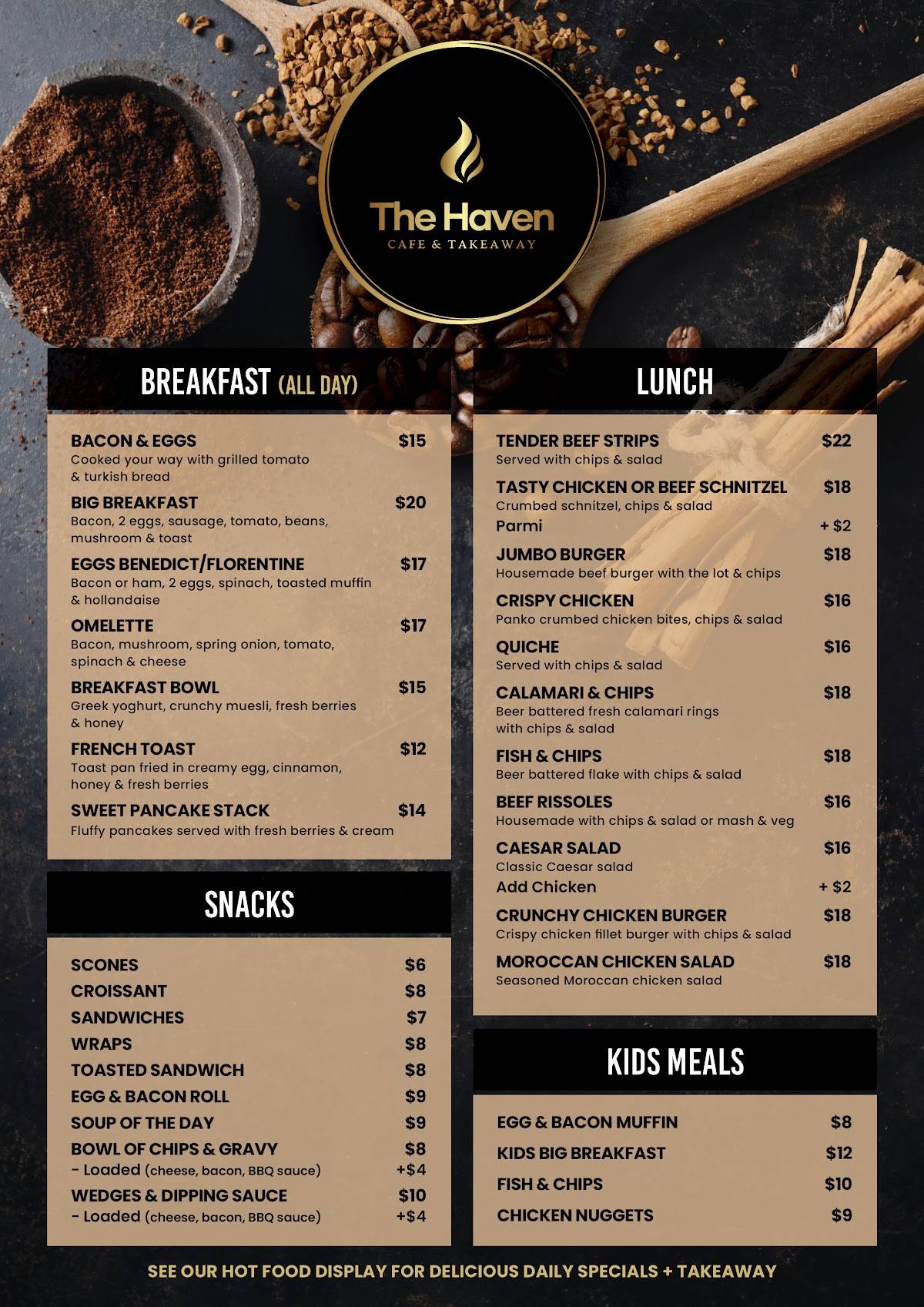 Menu at The Haven - Cafe & Takeaway, Mount Gambier
