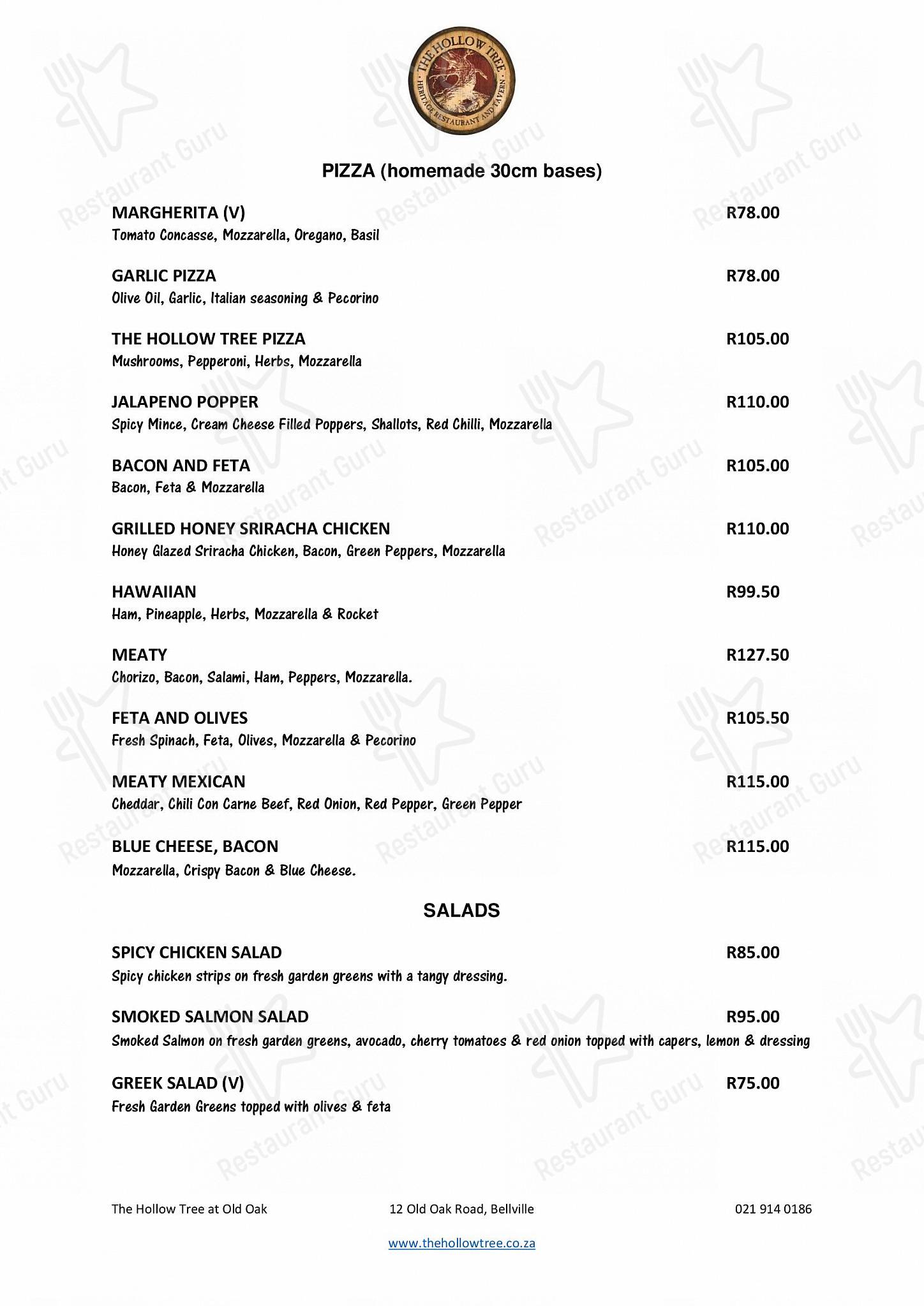 Menu at The Hollow Tree at Old Oak restaurant, Cape Town, 12 Old Oak Rd