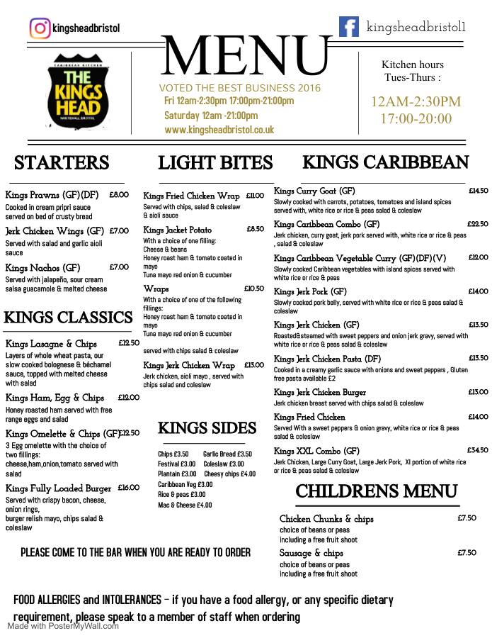Menu at The Kings Head pub & bar, Bristol, Kings Head