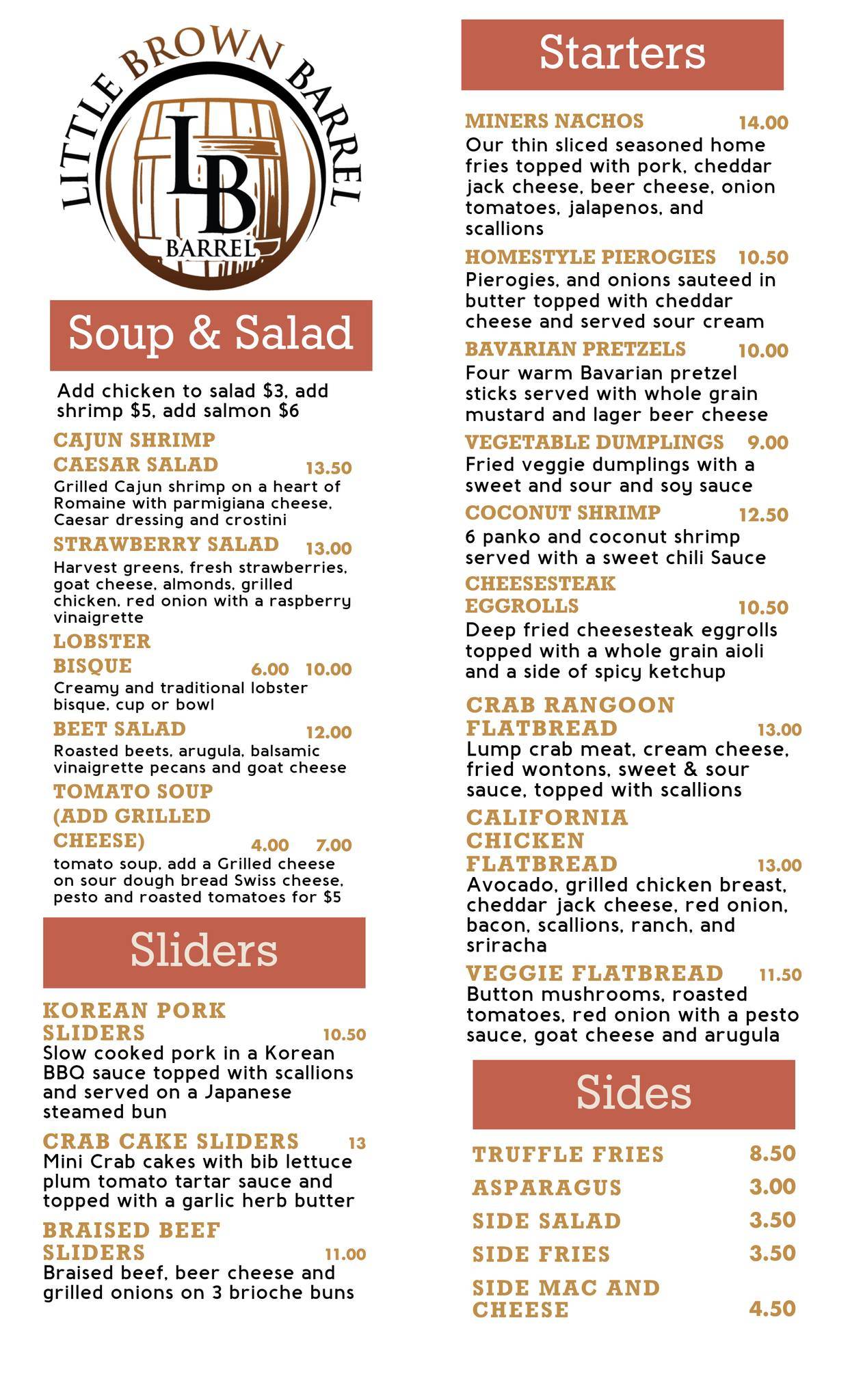 Menu at The Little Brown Barrel, Minersville